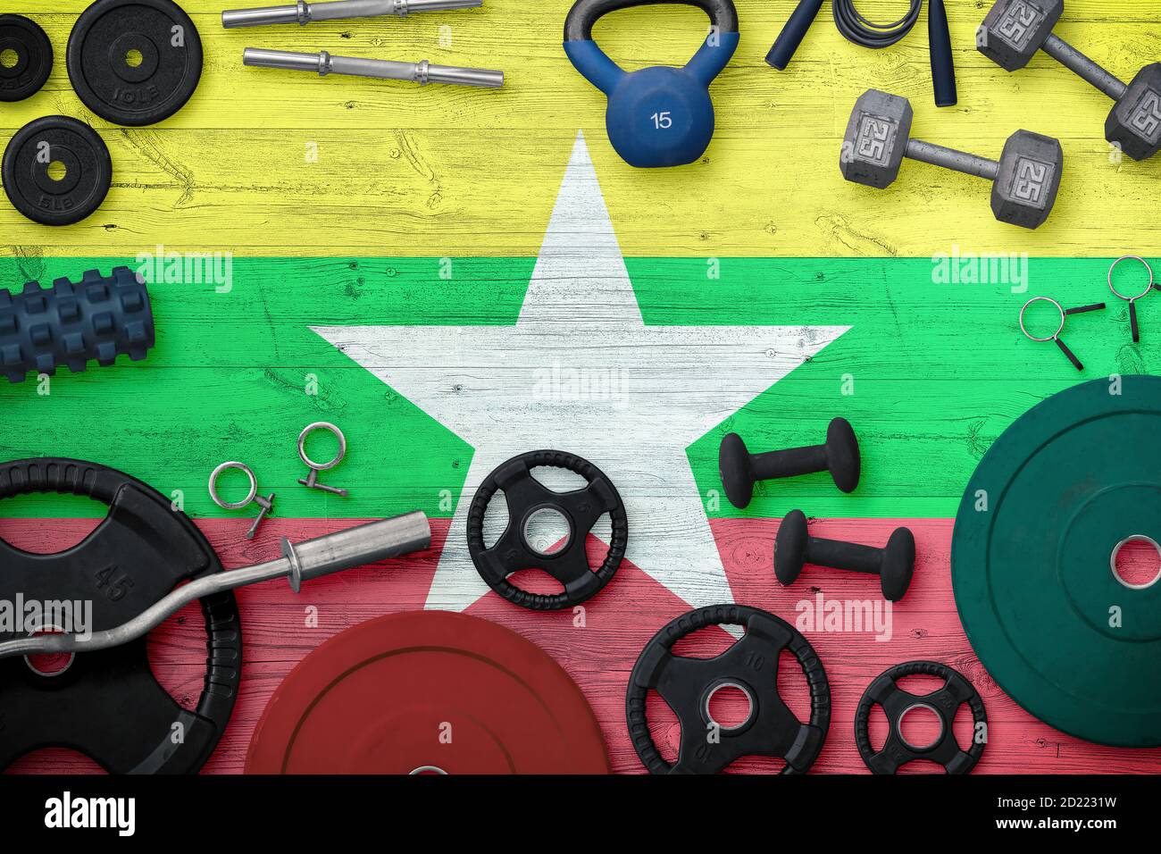 Myanmar sports and fitness concept. Top view of heavy weight plates ...