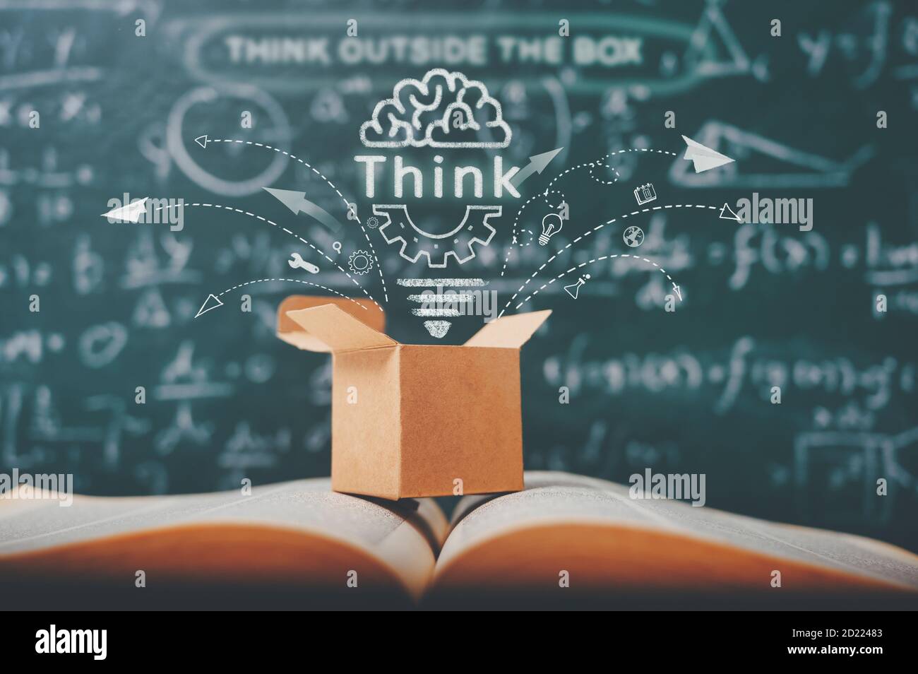 think outside the box on school green blackboard . startup education ...