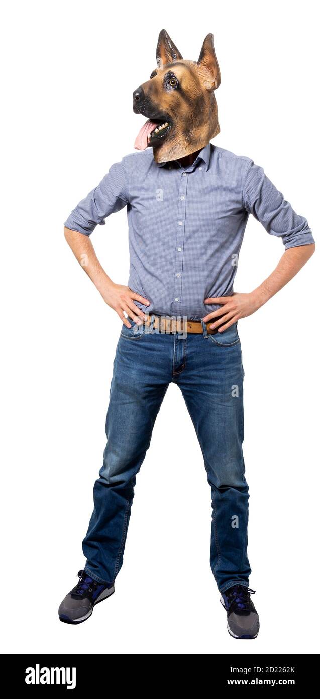 Man wearing dog mask with head turned and hands on hips on white ...