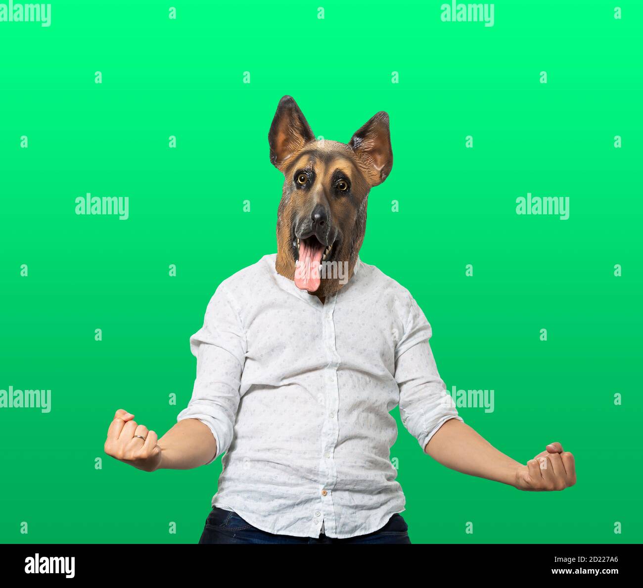 Man wearing dog mask showing yes win hand gesture with clenched fists ...