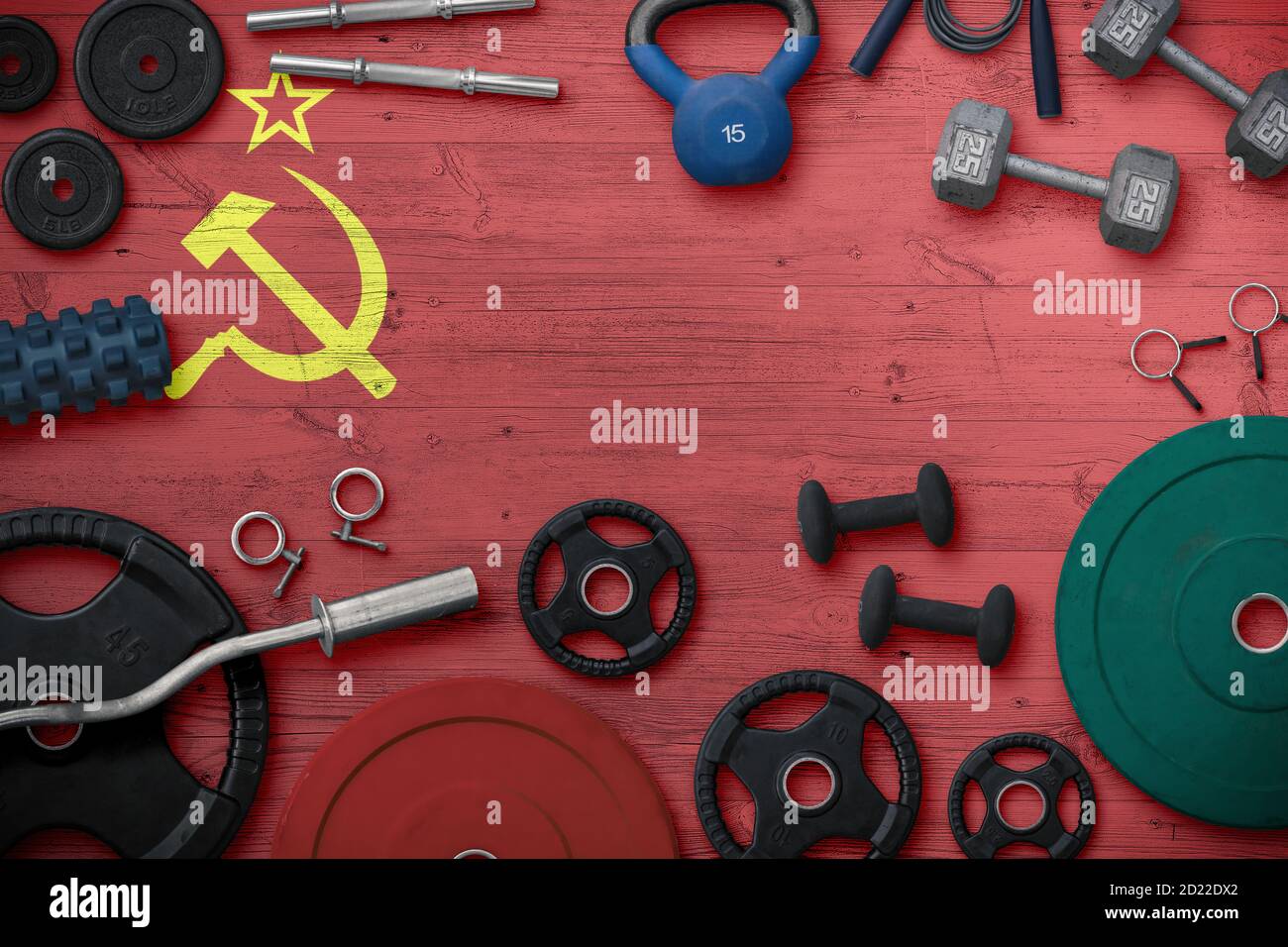 Soviet Union sports and fitness concept. Top view of heavy weight ...