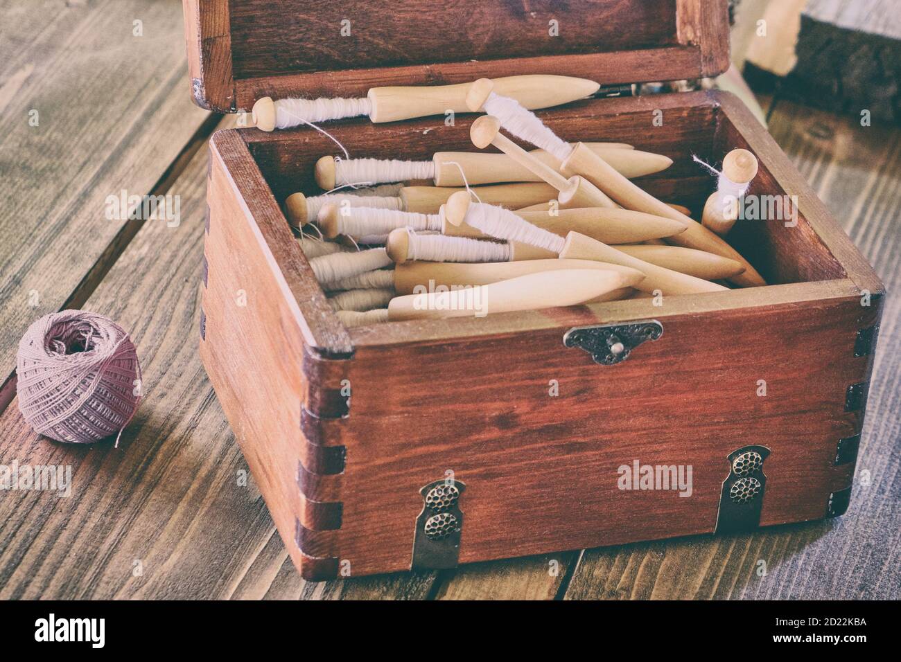 Vintage box of spools for yarn. Coil retro with coiled spindle for ...