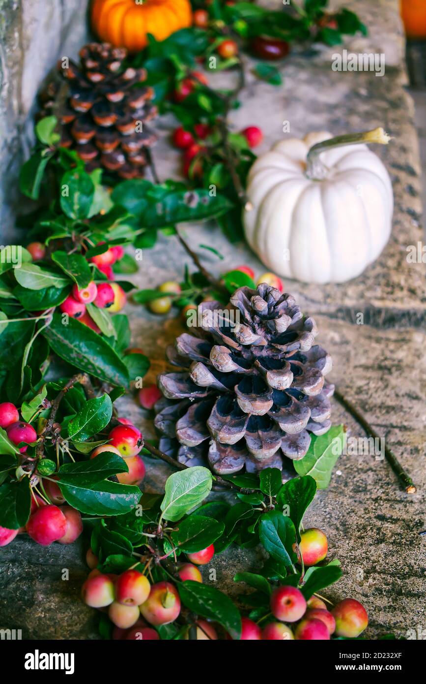 Pumpkins, pine cones, berries and other autumnal fruits in church porch ...