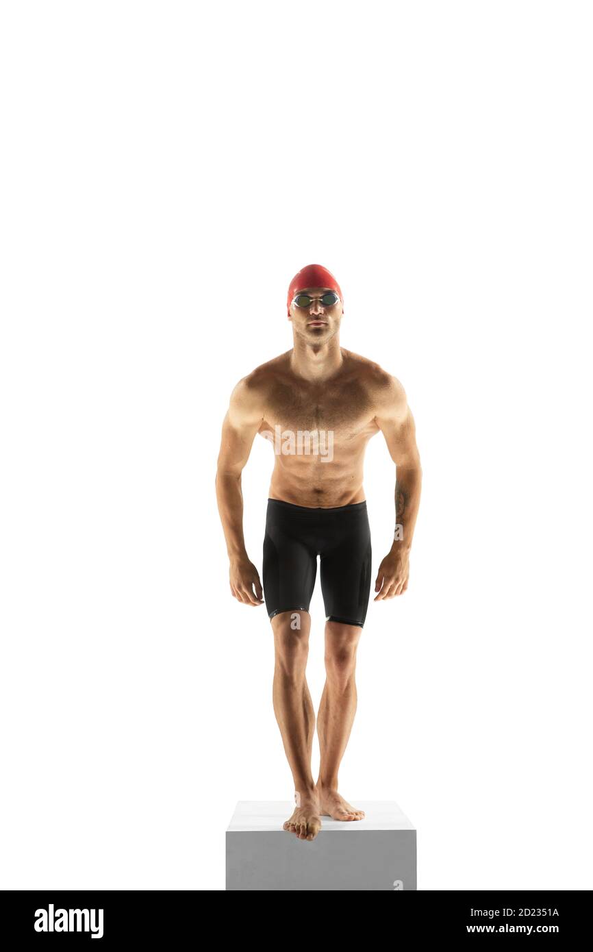 Strong. Caucasian professional sportsman, swimmer training isolated on ...