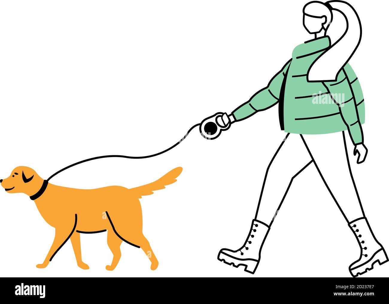 Woman in coat flat contour vector illustration. Rainy day. Wet weather ...