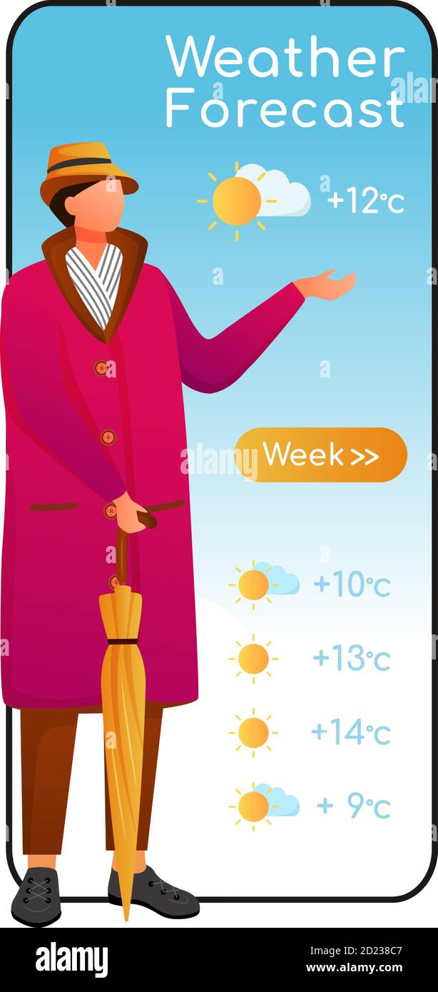 Weather forecast cartoon smartphone vector app screen. Mobile phone ...