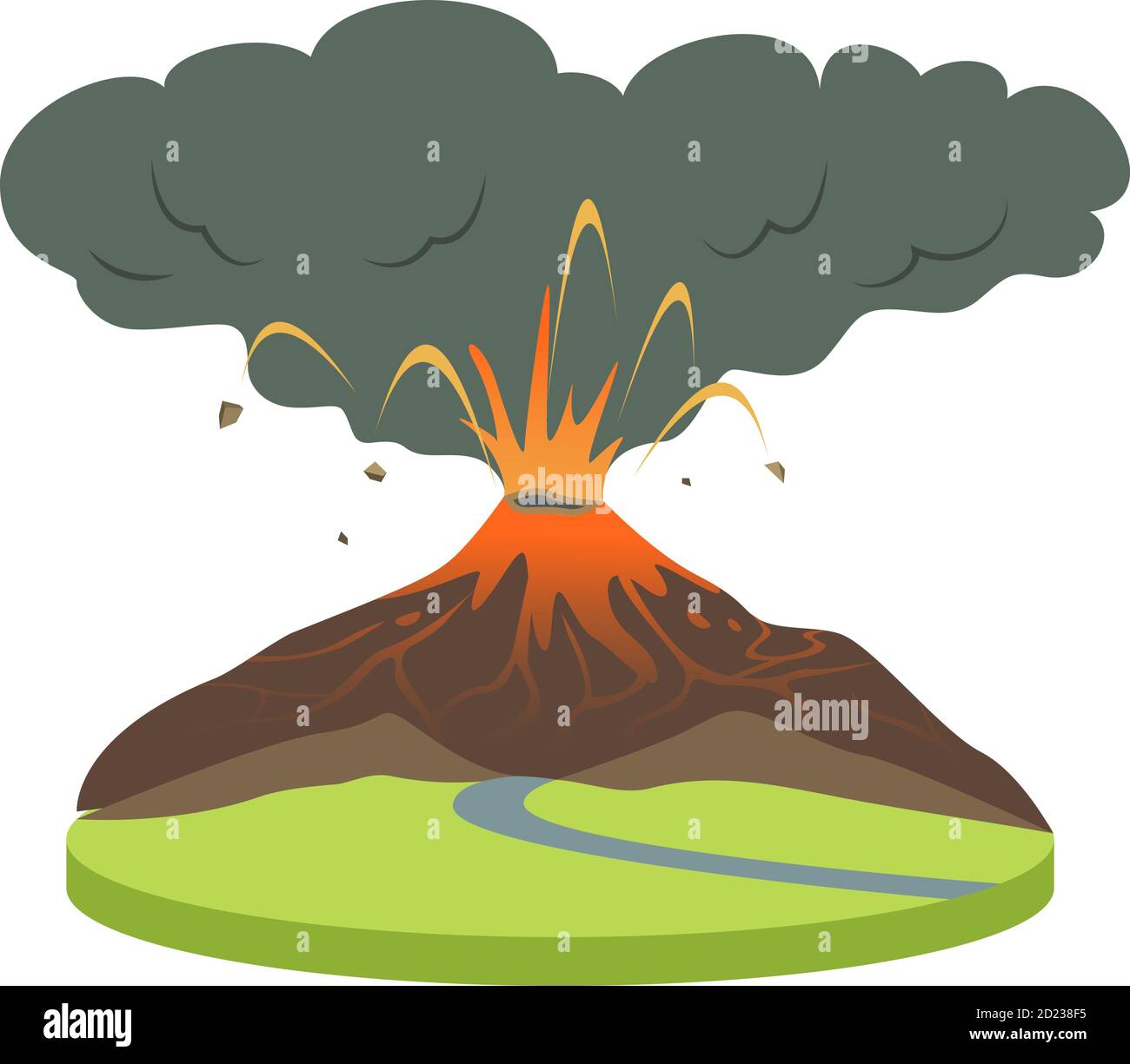 Volcano eruption in rural area cartoon vector illustration. Volcanic ...