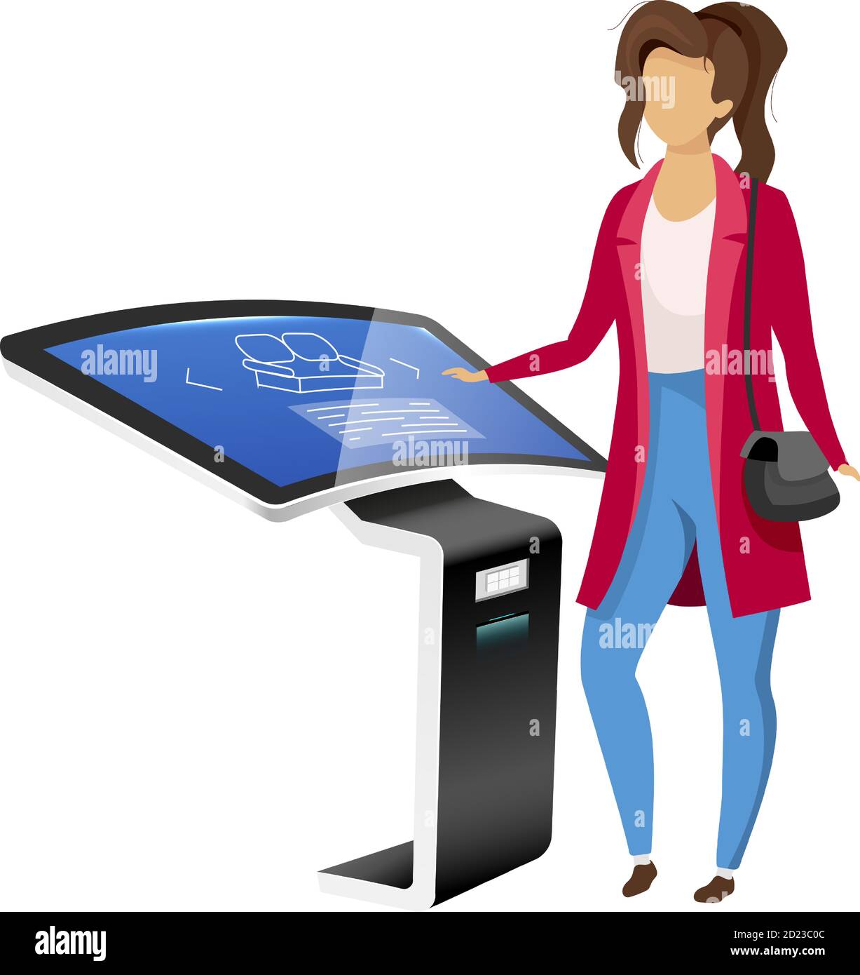 Woman using digital signage board flat color vector faceless character ...