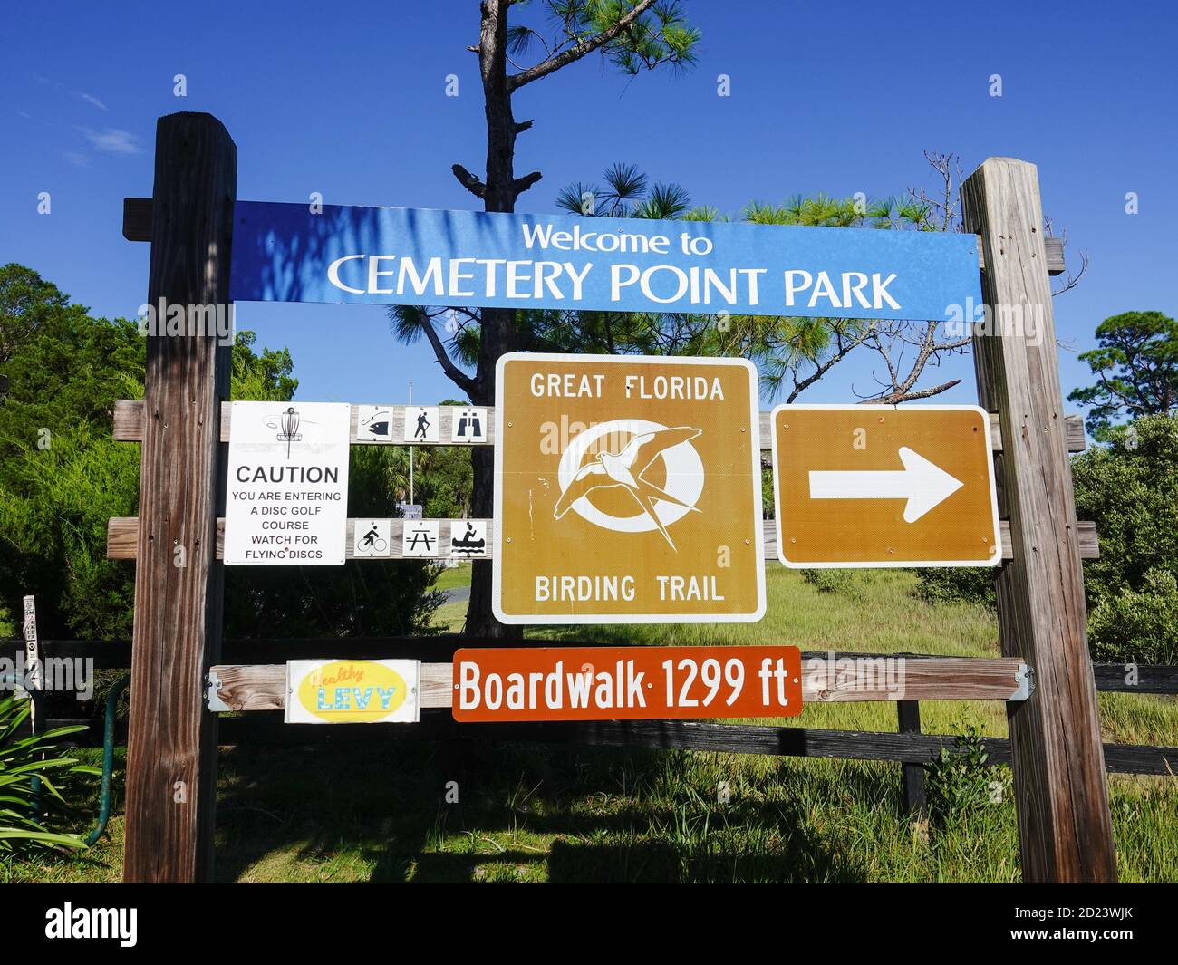 Sign for Cemetery Point Park and boardwalk in the back bay area of the ...