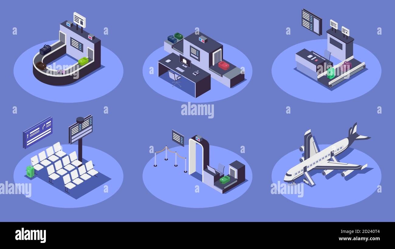 Airport isometric color vector illustrations set. Modern airline ...