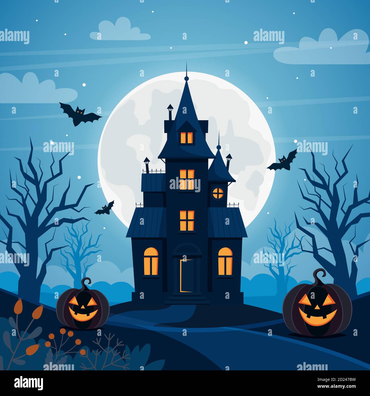 Halloween background with haunted house, full moon, pumpkins and trees ...