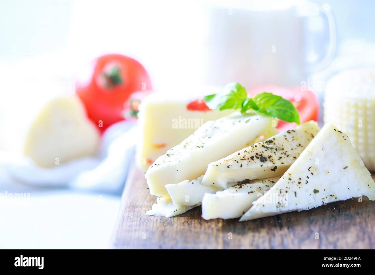 Homemade cheese halloumi with herbs on a light background. Copy space ...