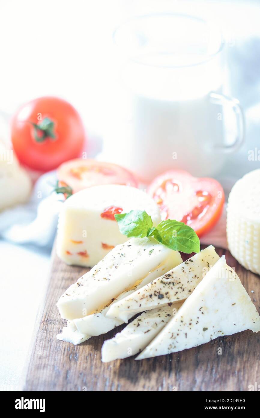 Homemade cheese halloumi with herbs on a light background. Copy space ...