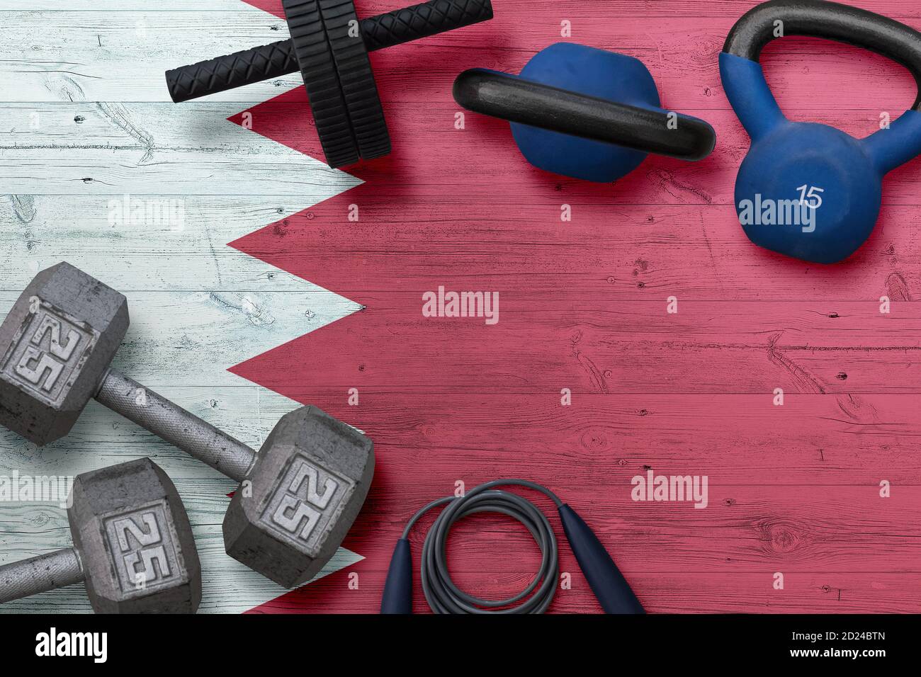 Bahrain sports club concept. Top view of heavy weight plates with iron ...