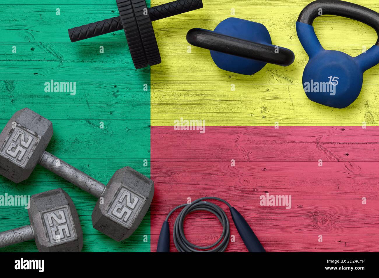 Benin sports club concept. Top view of heavy weight plates with iron ...