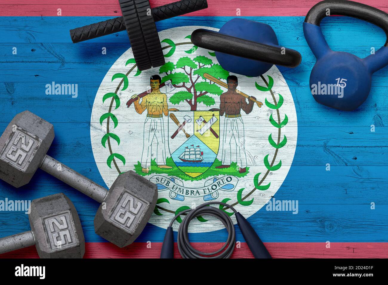 Belize sports club concept. Top view of heavy weight plates with iron ...