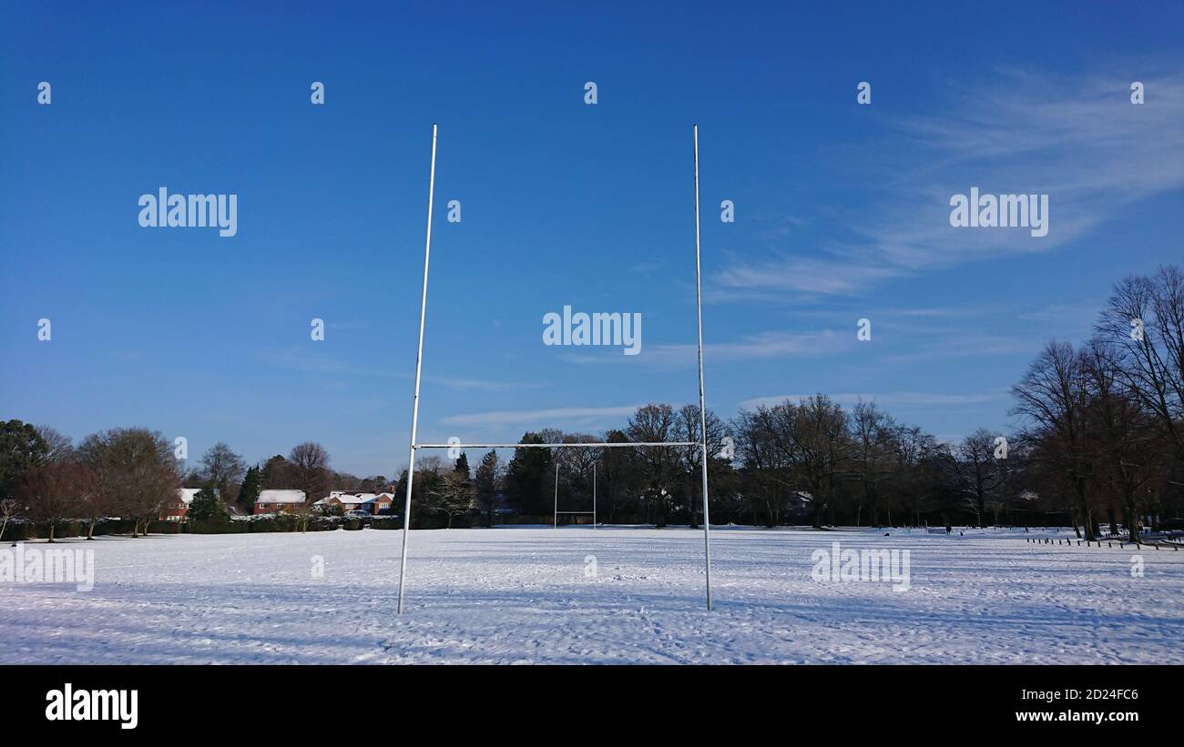 A snow-covered rugby pitch on a snowy morning in Surrey Stock Photo - Alamy