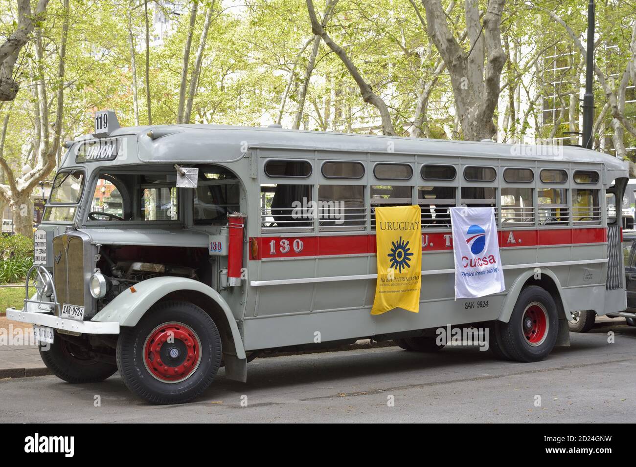 MONTEVIDEO, URUGUAY - OCTOBER 3, 2020: Leyland old english restored bus ...