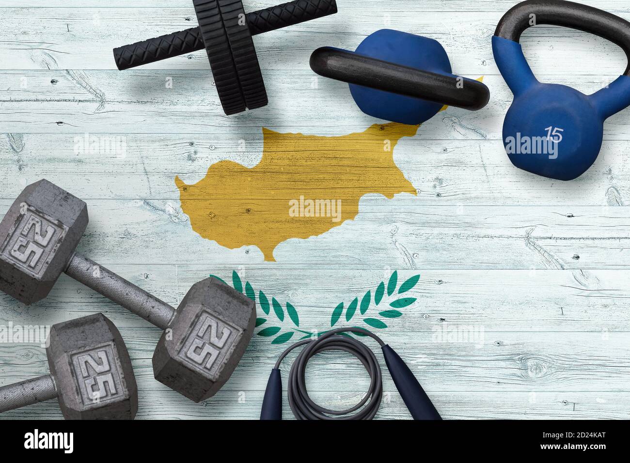 Cyprus sports club concept. Top view of heavy weight plates with iron ...