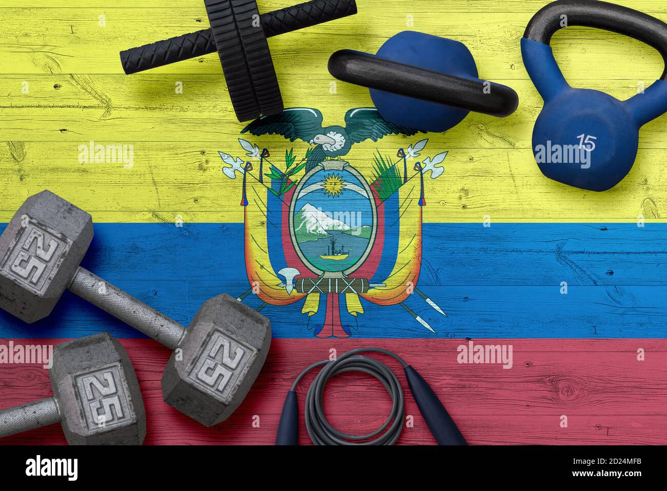 Ecuador sports club concept. Top view of heavy weight plates with iron ...