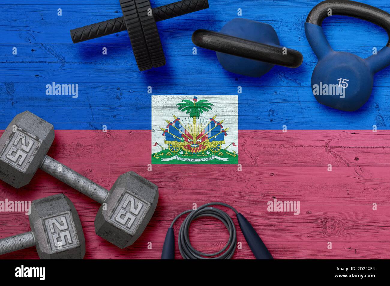 Haiti sports club concept. Top view of heavy weight plates with iron ...