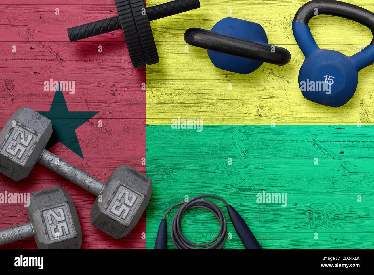 Guinea sports club concept. Top view of heavy weight plates with iron ...