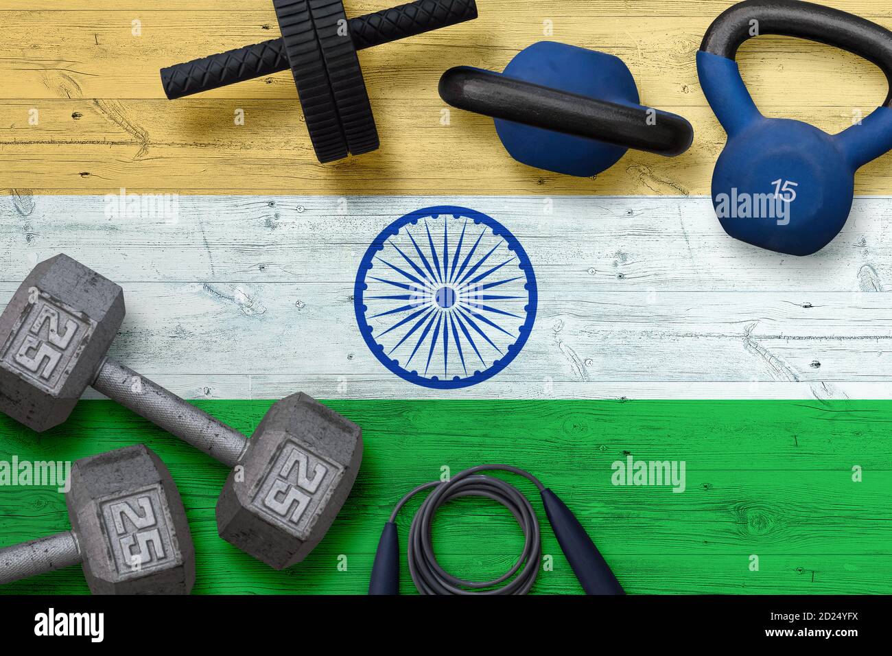India sports club concept. Top view of heavy weight plates with iron ...