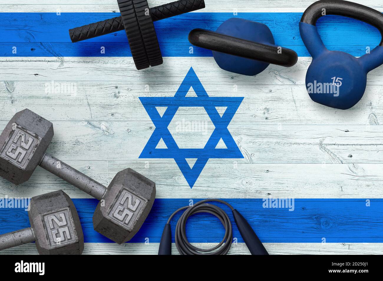 Israel sports club concept. Top view of heavy weight plates with iron ...