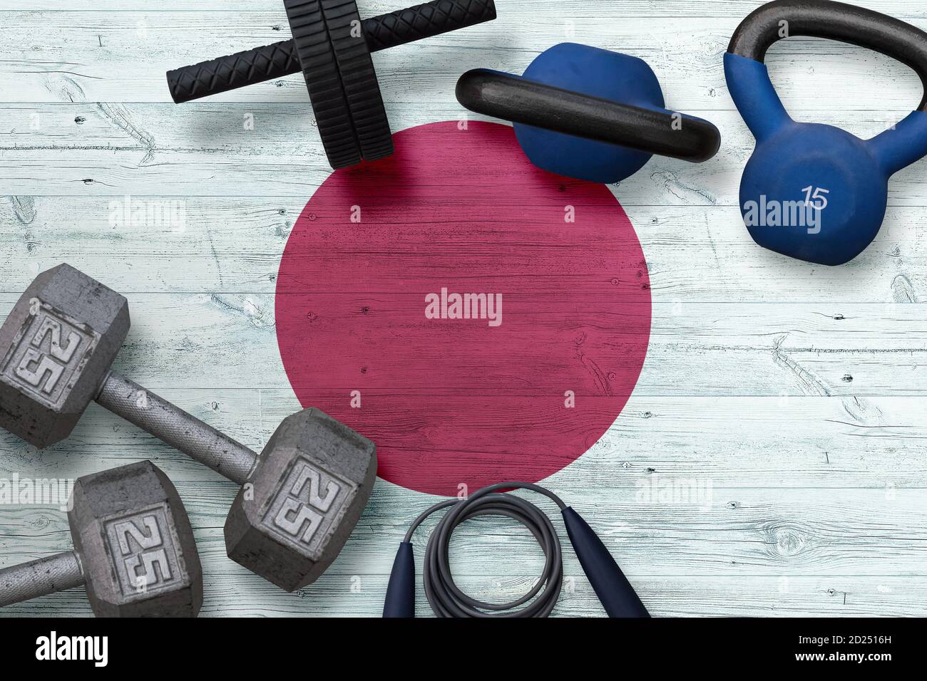 Japan sports club concept. Top view of heavy weight plates with iron ...