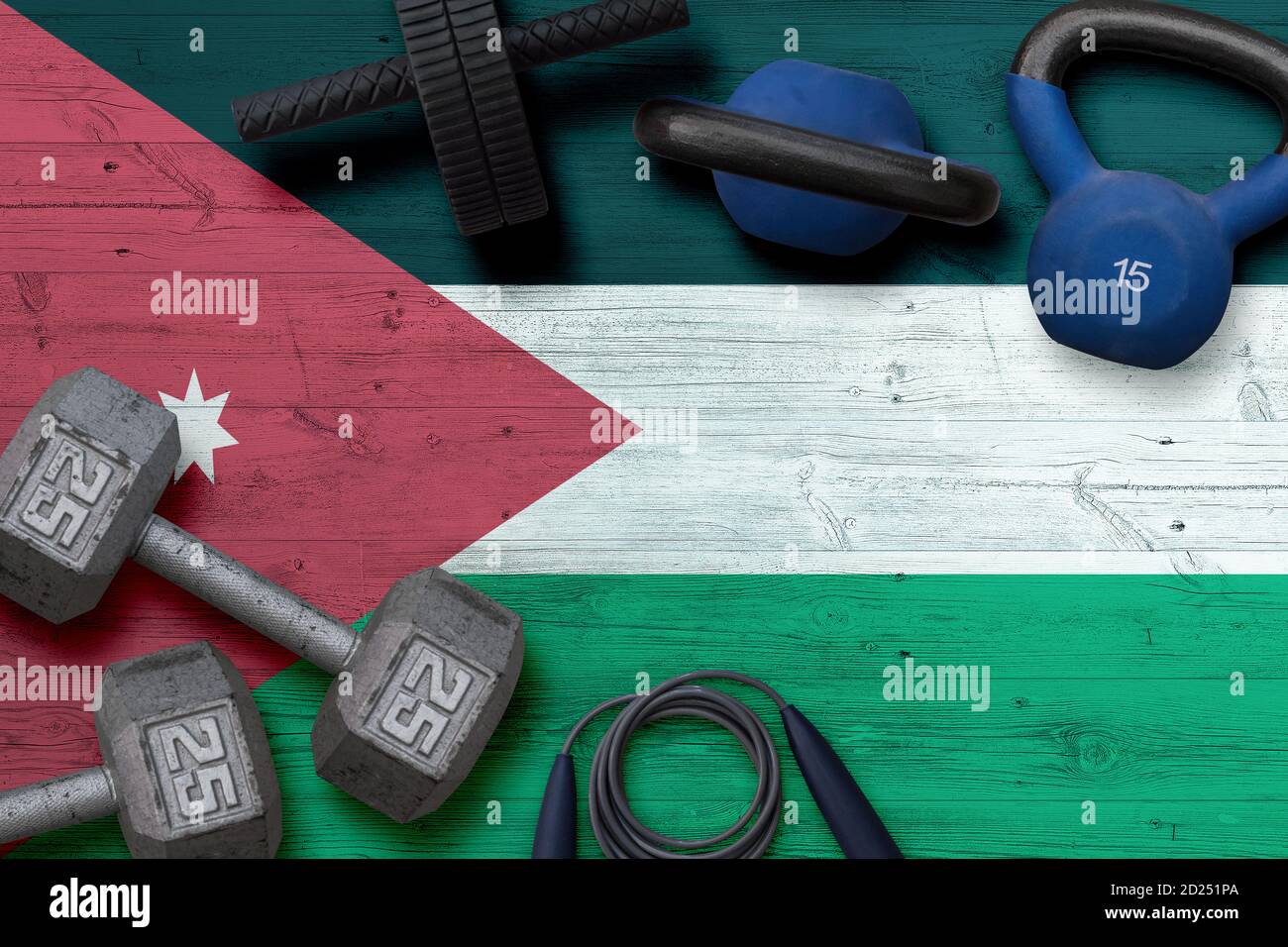 Jordan sports club concept. Top view of heavy weight plates with iron ...