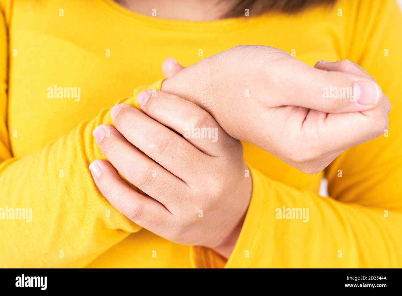 Female touching acute wrist pain. Medical, healthcare for advertising ...
