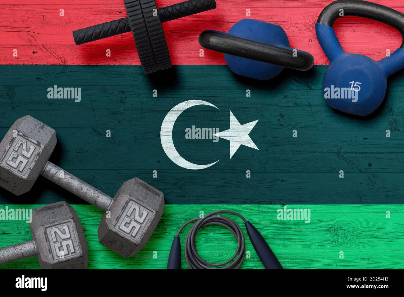 Libya sports club concept. Top view of heavy weight plates with iron ...