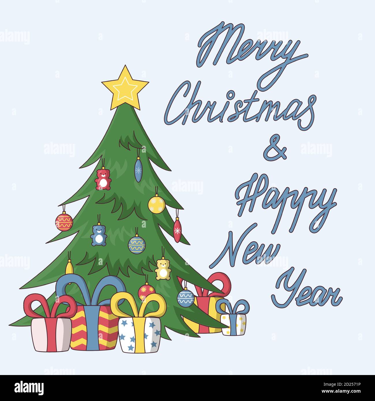 Christmas tree with presents and greeting. Vector illustration in cute ...