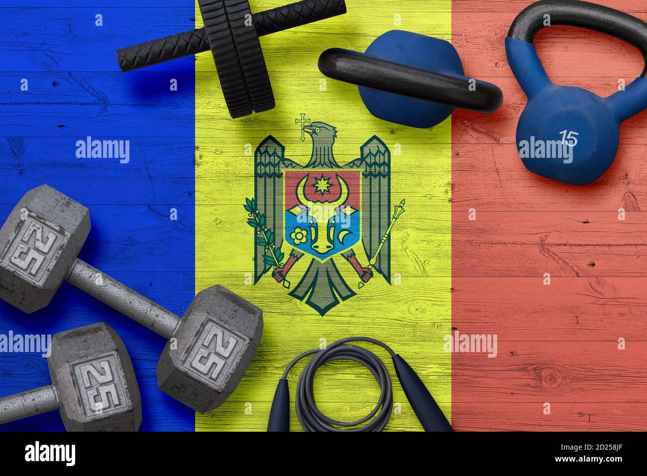 Moldova sports club concept. Top view of heavy weight plates with iron ...