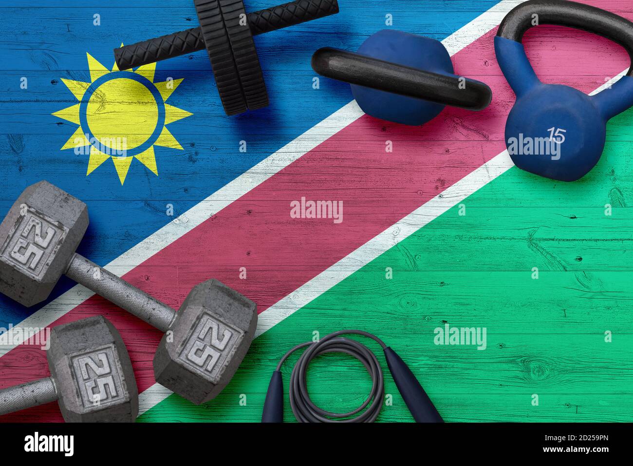 Namibia sports club concept. Top view of heavy weight plates with iron ...