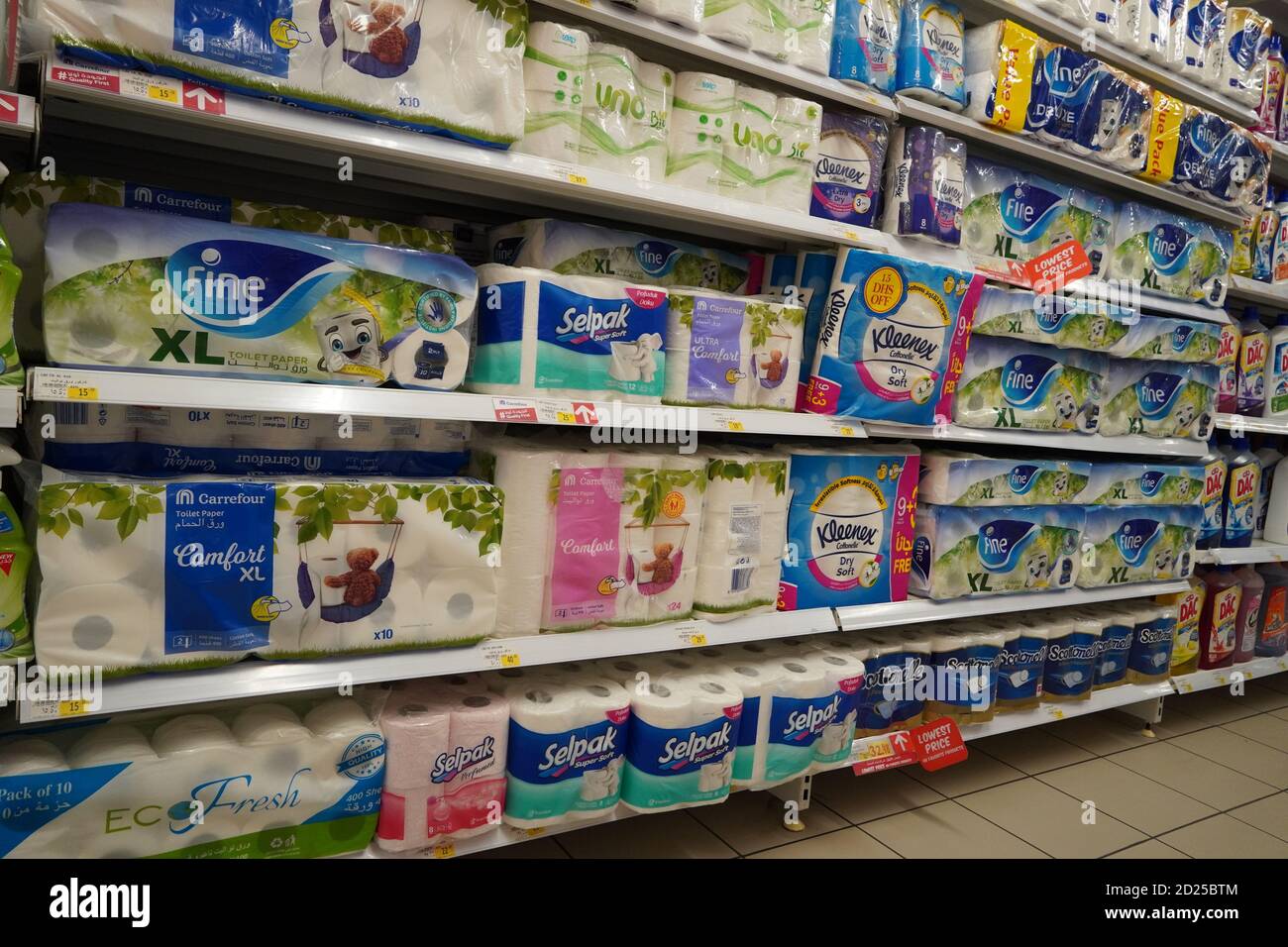 Bathroom toilet paper tissue packages stacked up. Various types of ...