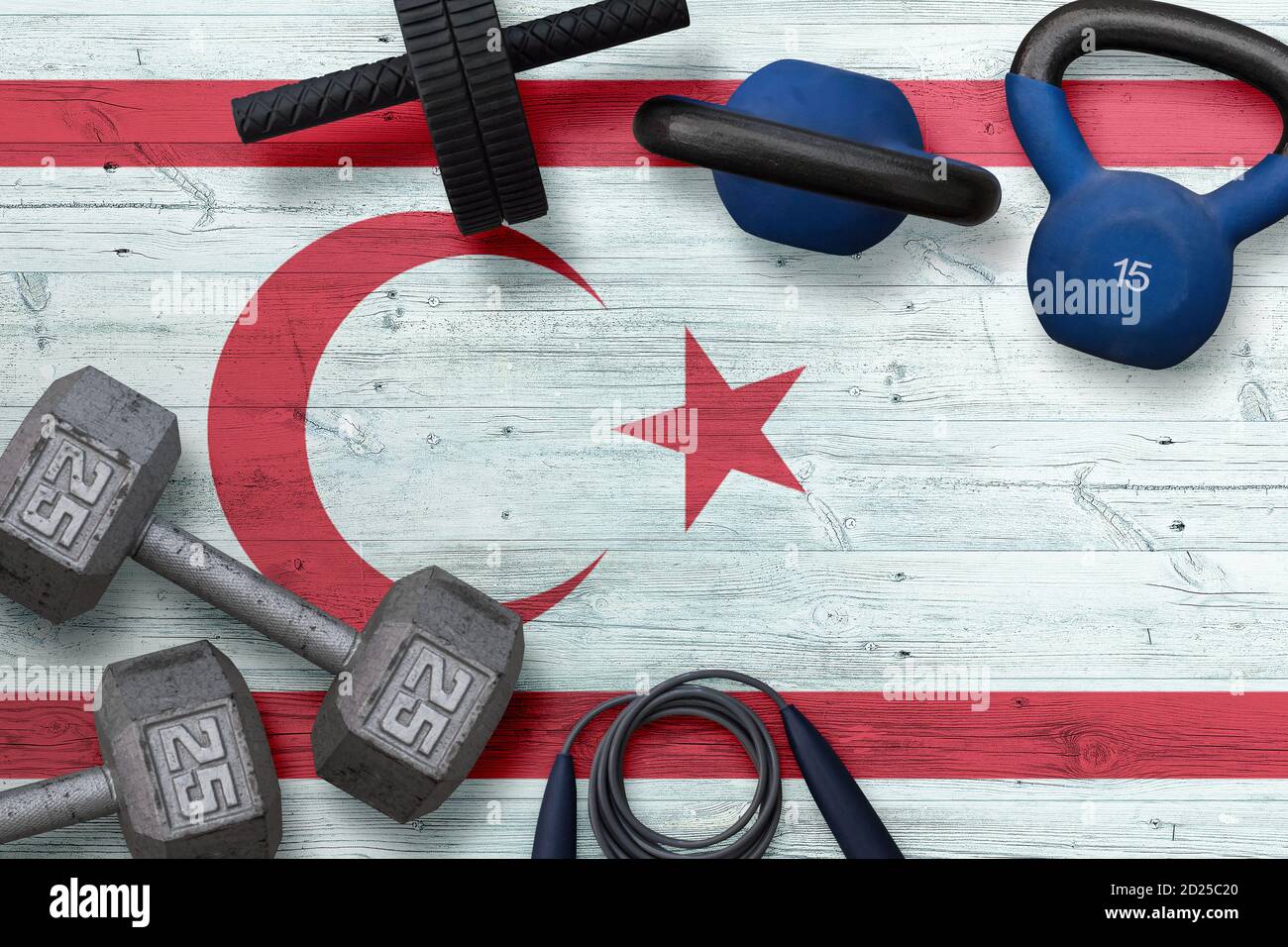 Northern Cyprus sports club concept. Top view of heavy weight plates ...