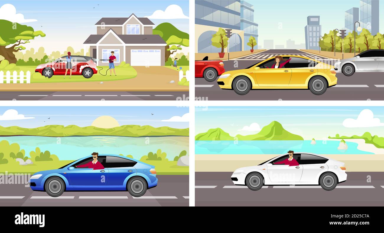 People with automobiles flat color vector illustrations set. Young ...