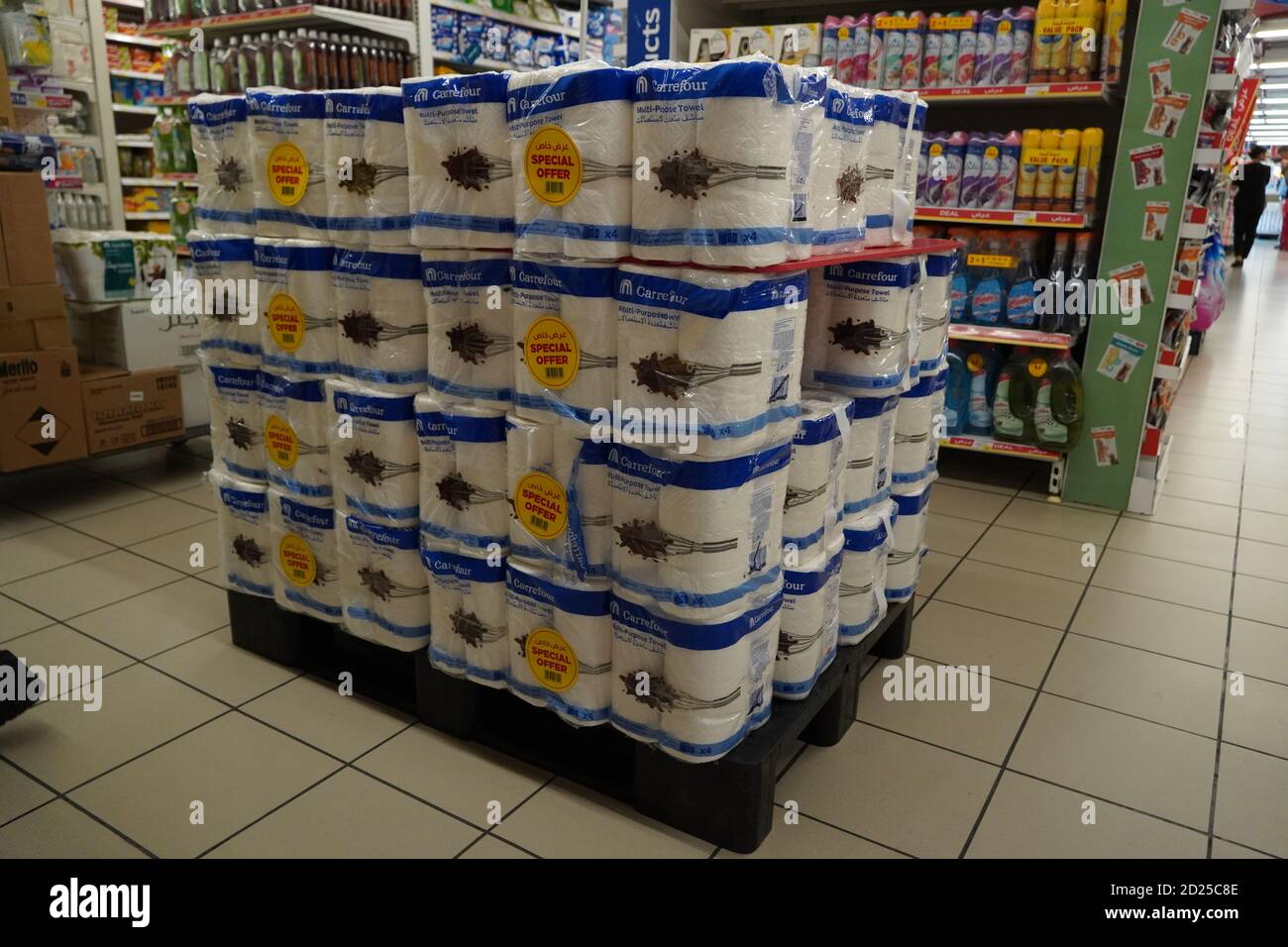Bathroom toilet paper tissue packages stacked up. Various types of ...