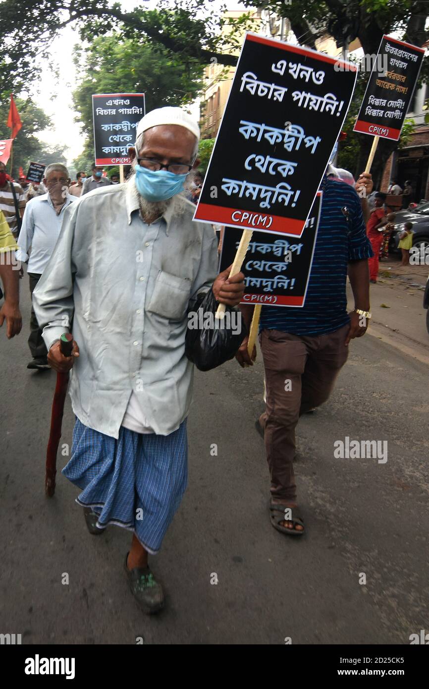 Kolkata, India. 06th Oct, 2020. A supporter of CPI (M) walk in Protest ...