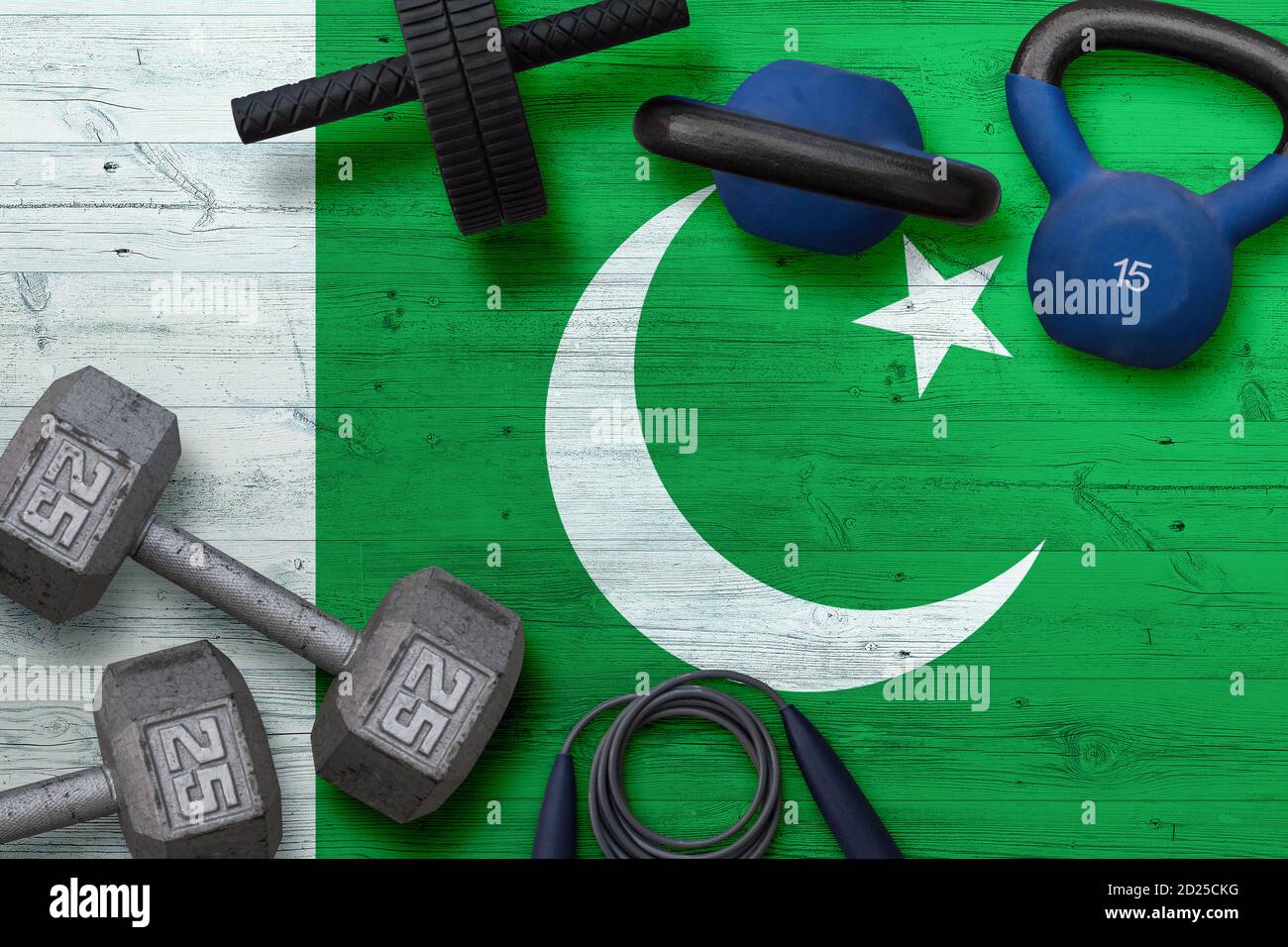 Pakistan sports club concept. Top view of heavy weight plates with iron ...