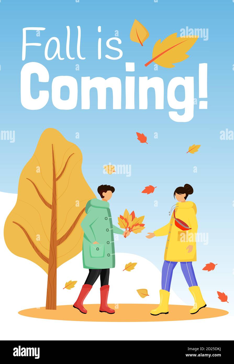 Fall is coming poster flat color vector template. People in raincoats ...