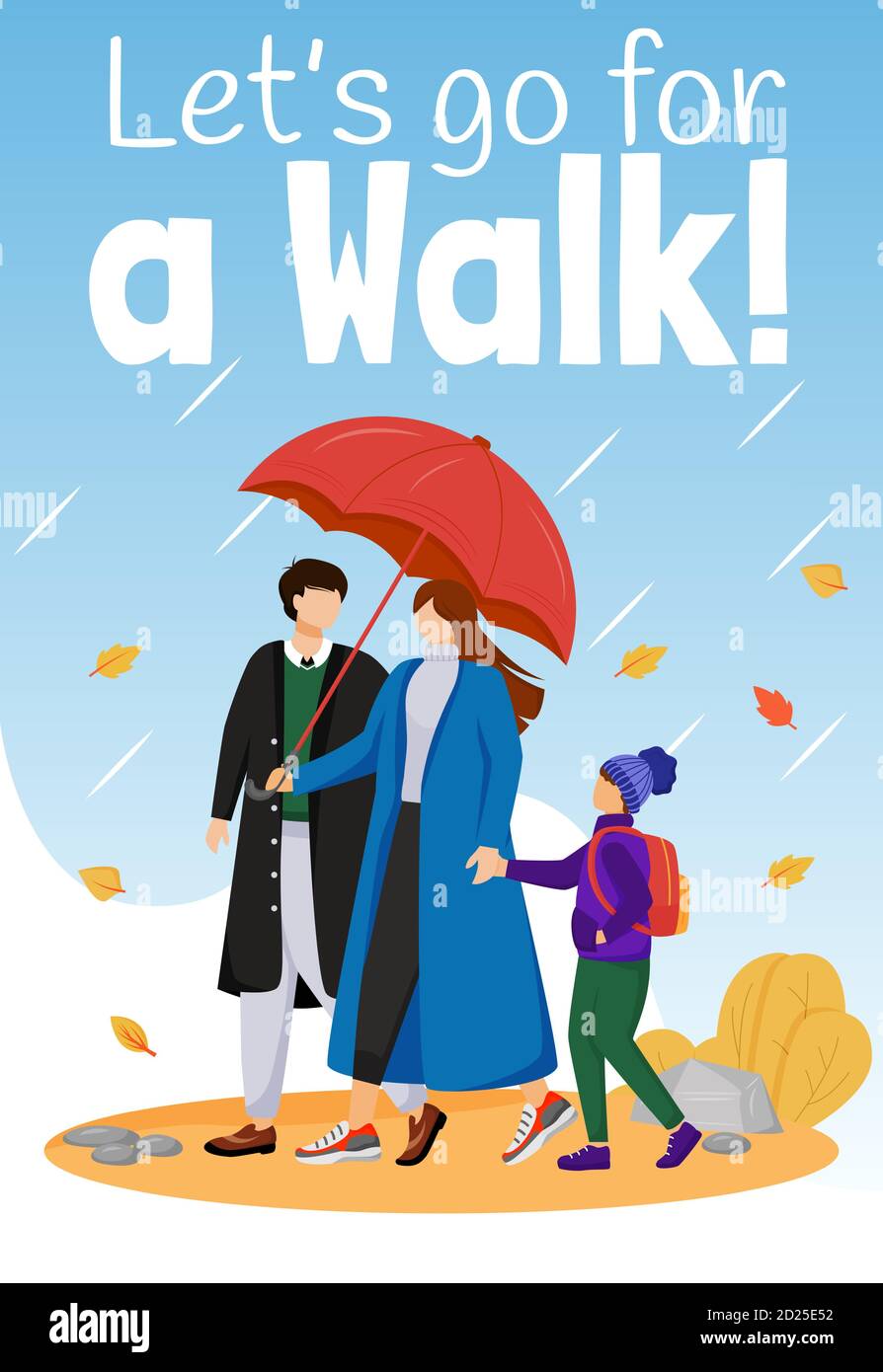 Lets go for walk poster flat color vector template. Parents with child ...