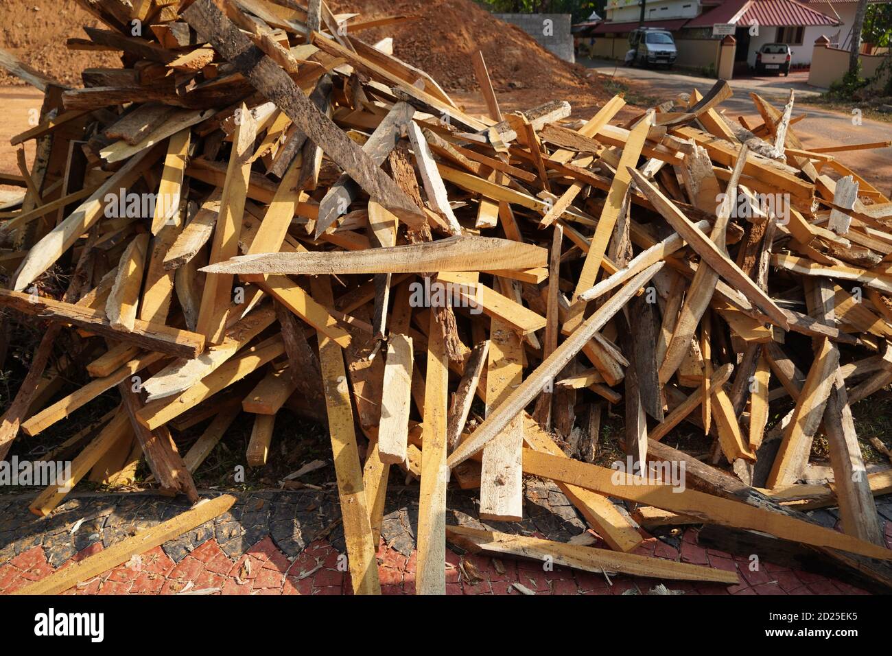 Broken long chunks of tree trunk. Close up broken pieces of wood. Pine ...