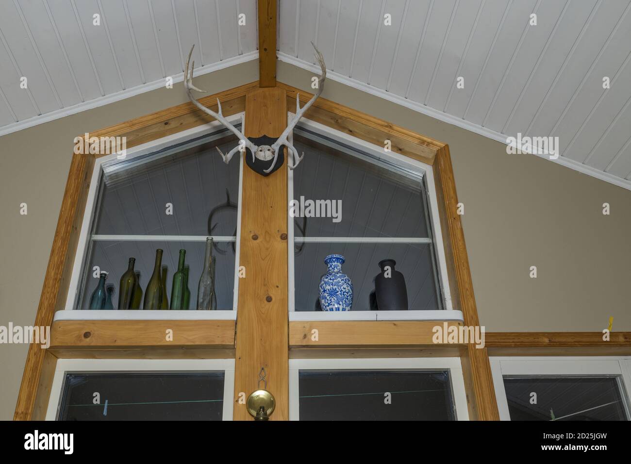 Close up view of big window of private house from inside. Interior ...