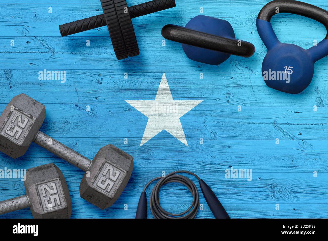 Somalia sports club concept. Top view of heavy weight plates with iron ...