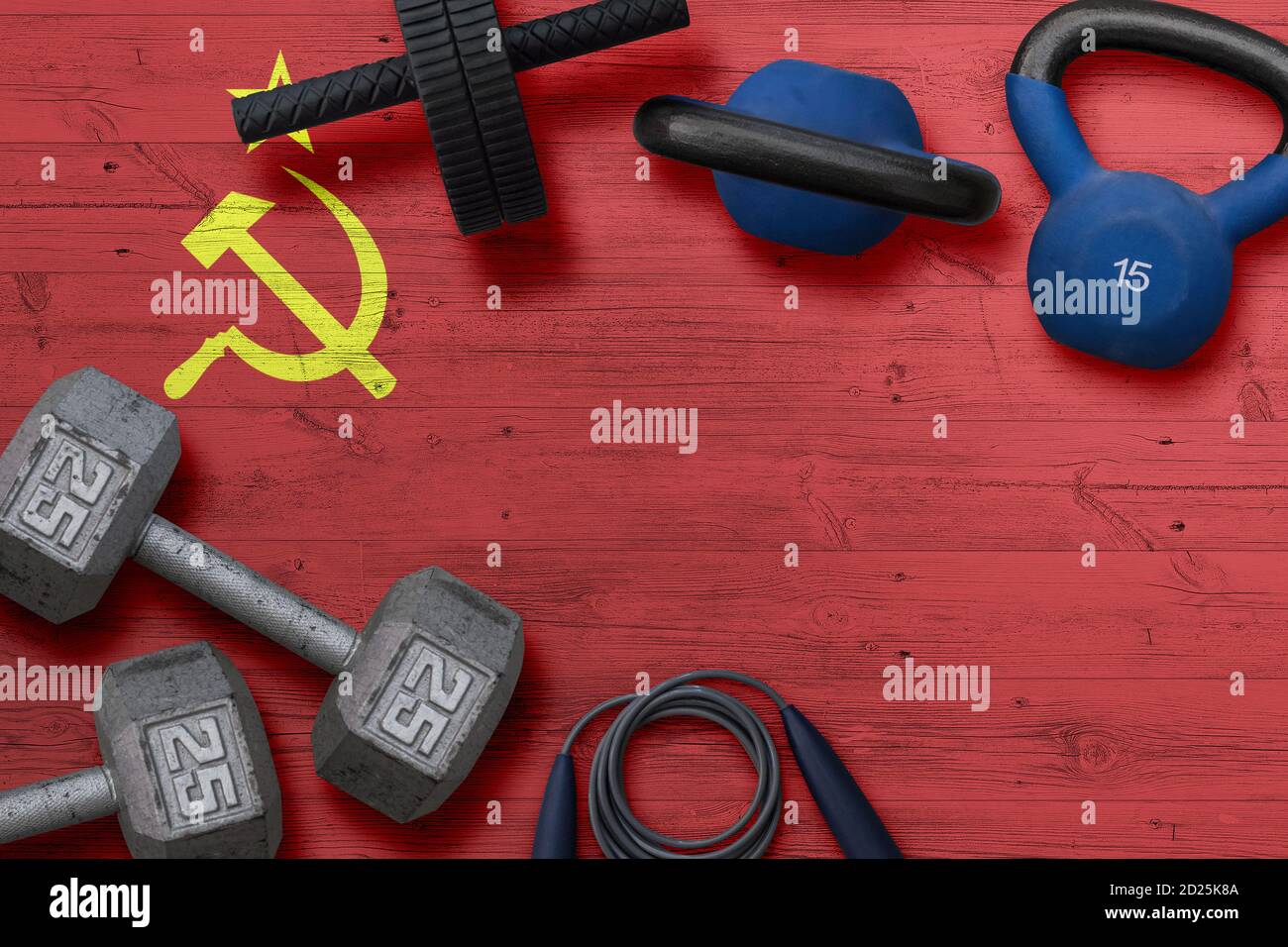 Soviet Union sports club concept. Top view of heavy weight plates with ...