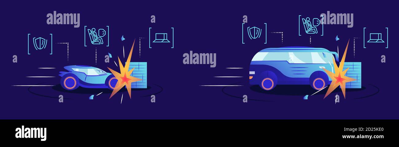 Driverless cars crash test flat color vector illustrations. Self ...