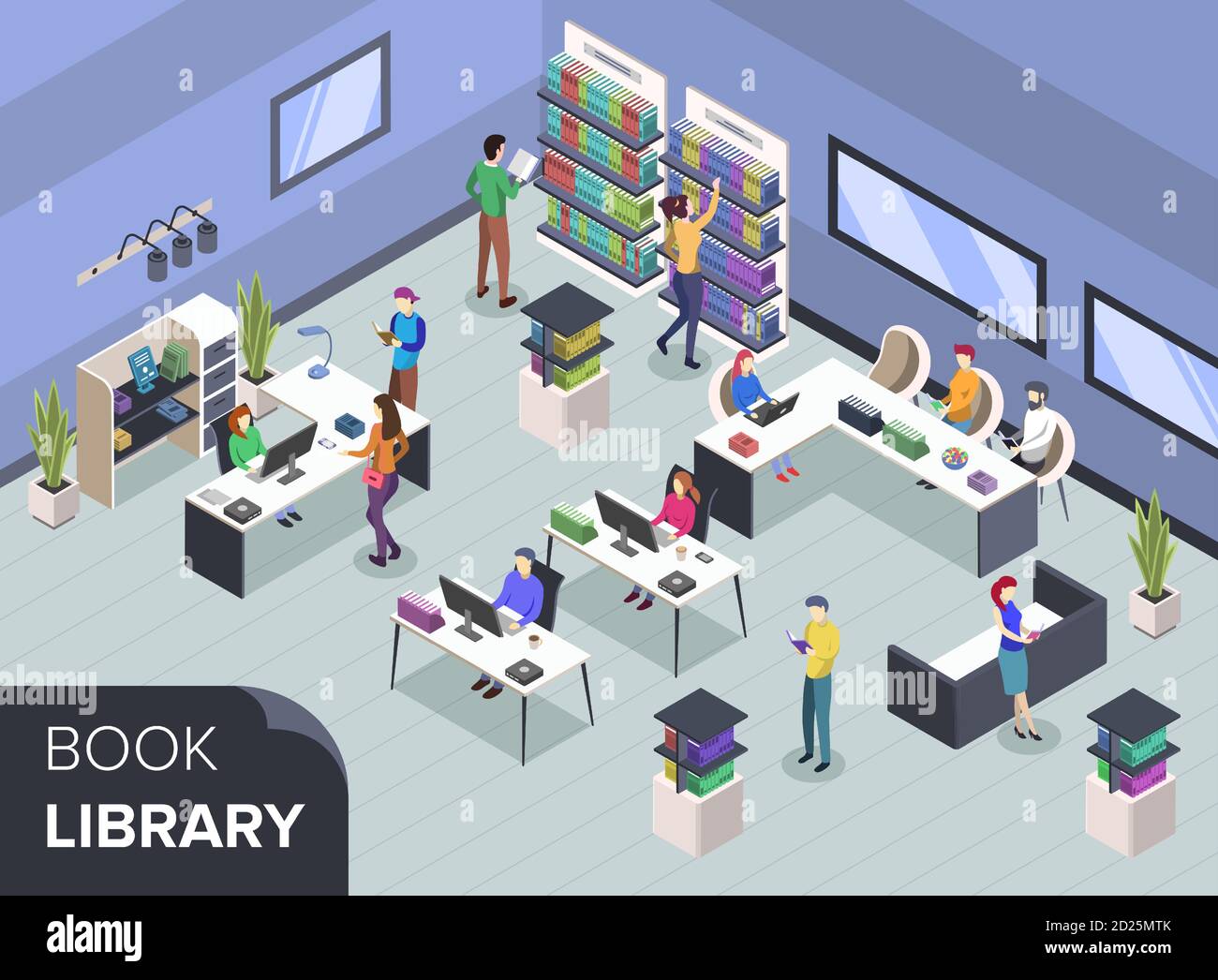 People at modern book library isometric color vector illustration ...
