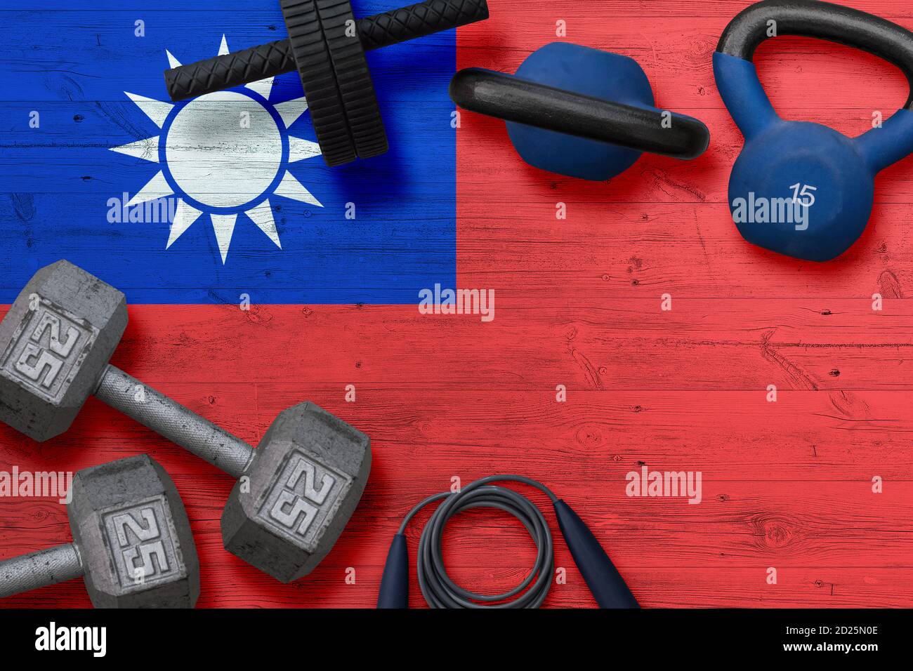 Taiwan sports club concept. Top view of heavy weight plates with iron ...